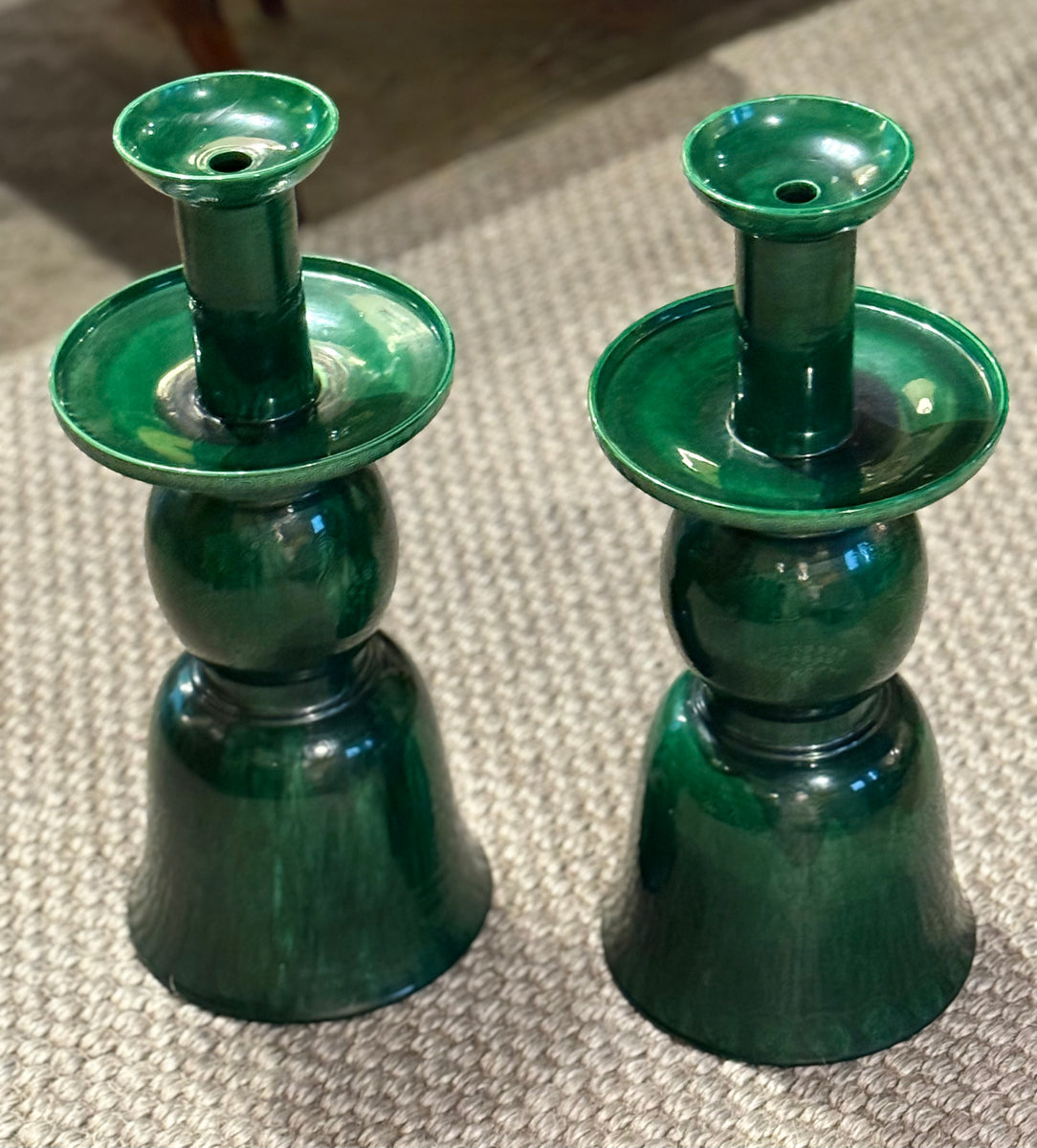 Large Emerald Green Glazed Ceramic Candle Holders - Pair – Upper Kirby Consignment